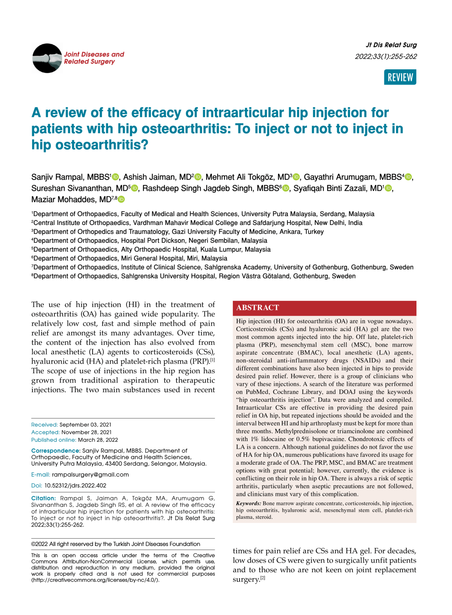 A review of the efficacy of intraarticular hip injection for patients ...